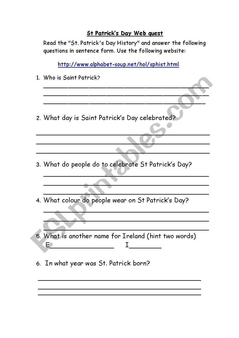 St Patrick´s Day Webquest - ESL worksheet by surfnteach