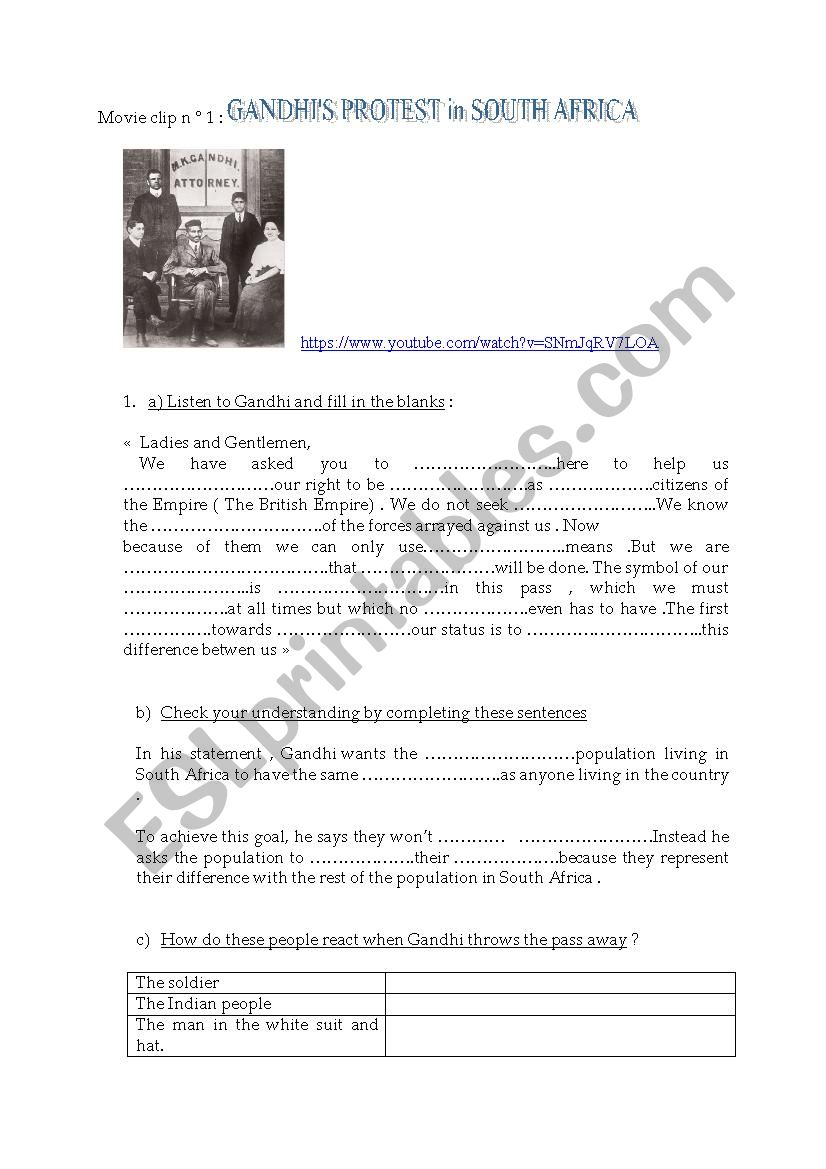 Gandhi´s protest in South Africa - ESL worksheet by raunie