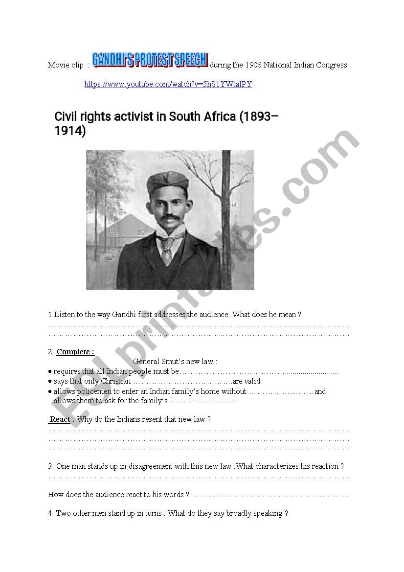 Gandhi´s speech on non violence in South Africa - ESL worksheet by raunie