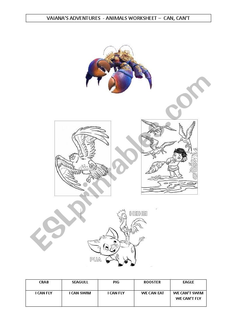 VAIANA’S (Moana’s) ADVENTURES ANIMALS CAN, CAN´T - ESL worksheet by nitzer