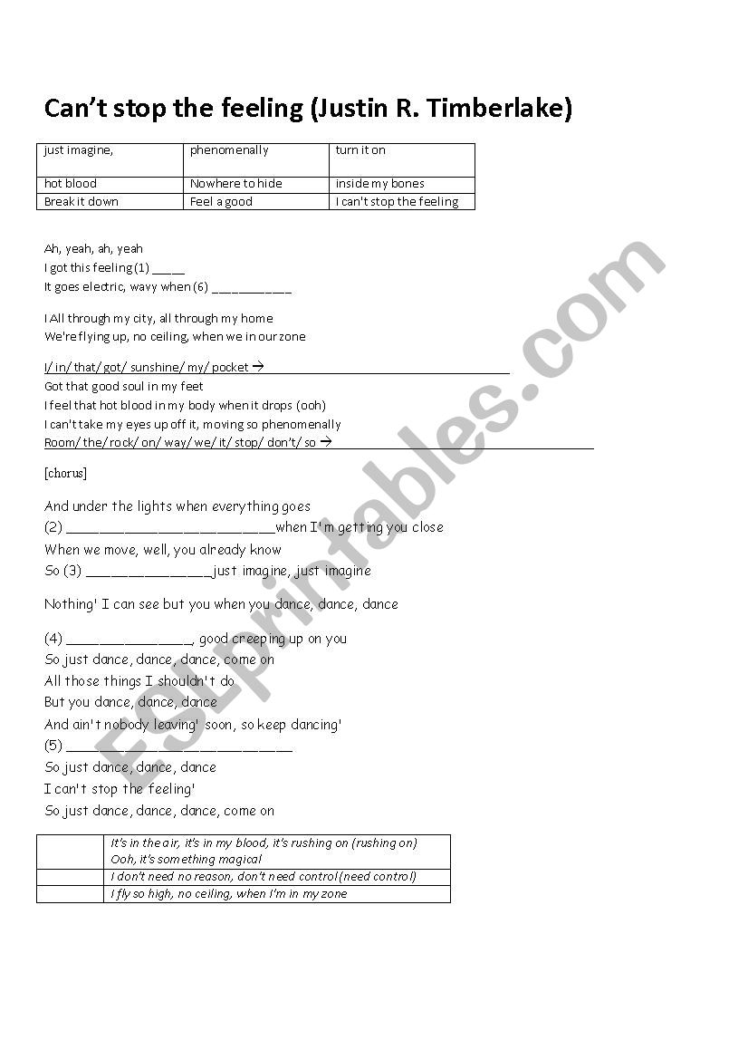 Song Can´t stop the feeling - ESL worksheet by Jas Tr