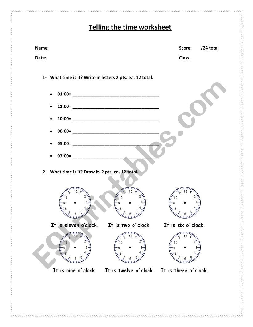Test of English Time o´clock - ESL worksheet by allfrank