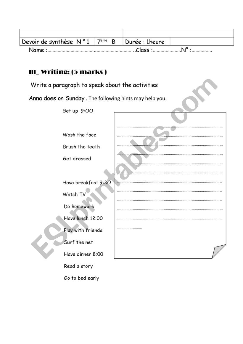TEST N°1 WRITING PART - ESL worksheet by lolitta english