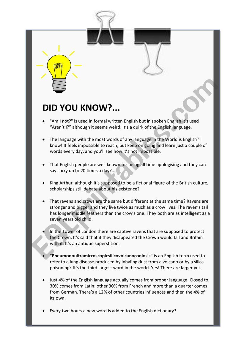 ´DID YOU KNOW?´ LEAFLET - ESL worksheet by Aisha77