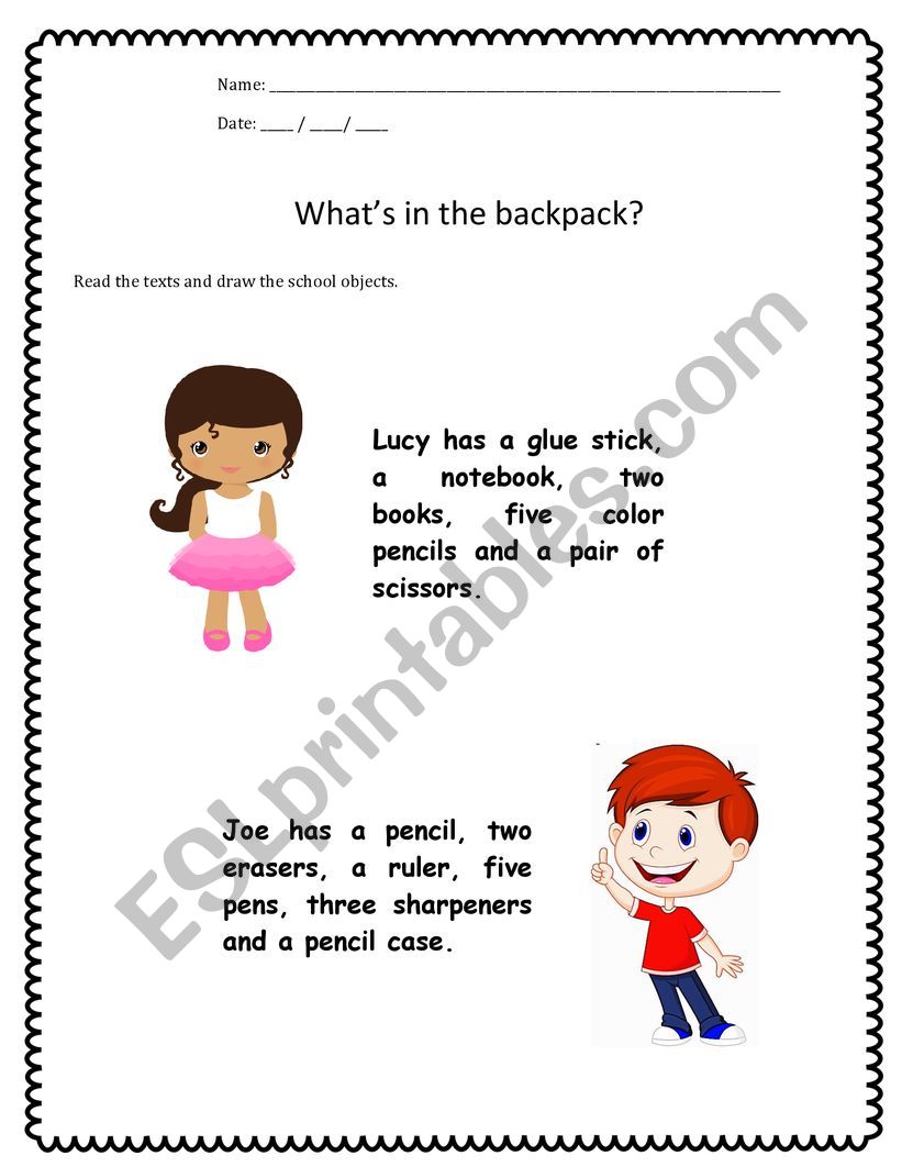What´s in the backpack? - ESL worksheet by cprtorres