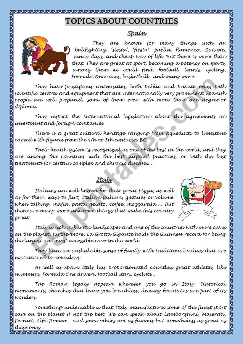 READING "TOPICS ABOUT COUNTRIES" Each country has clichés... - ESL ...