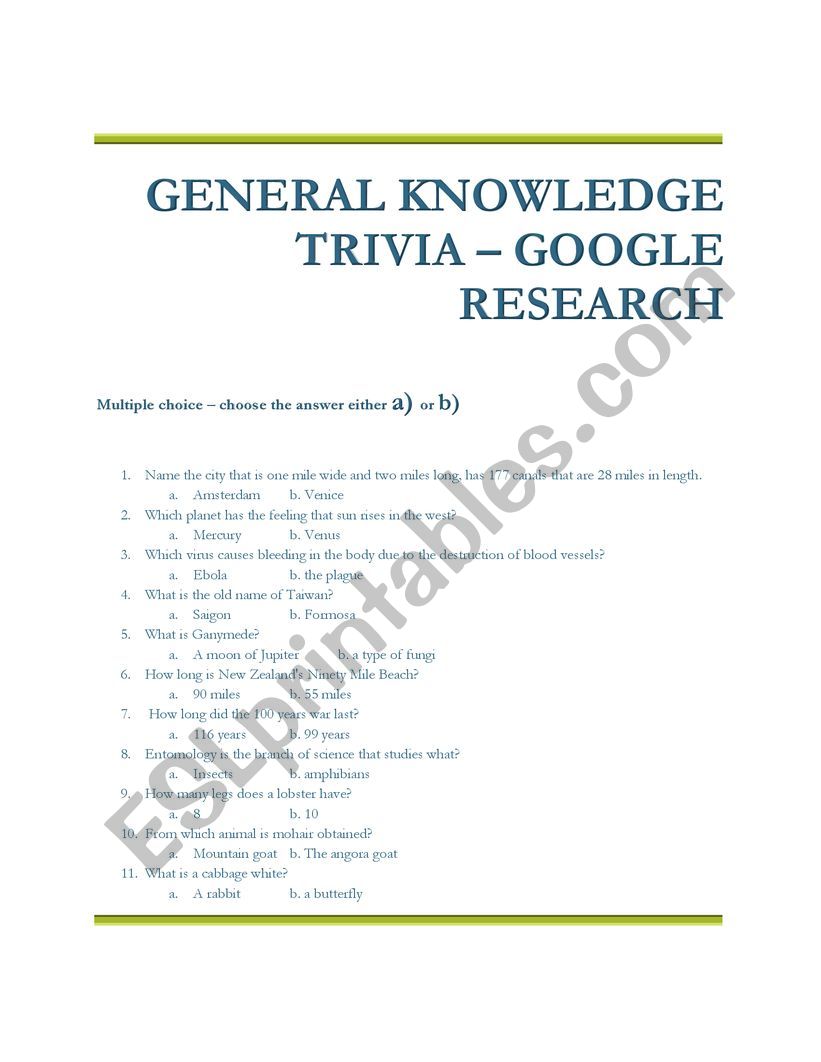Multiple Choice General Knowledge Trivia ESL Worksheet By Nadya33