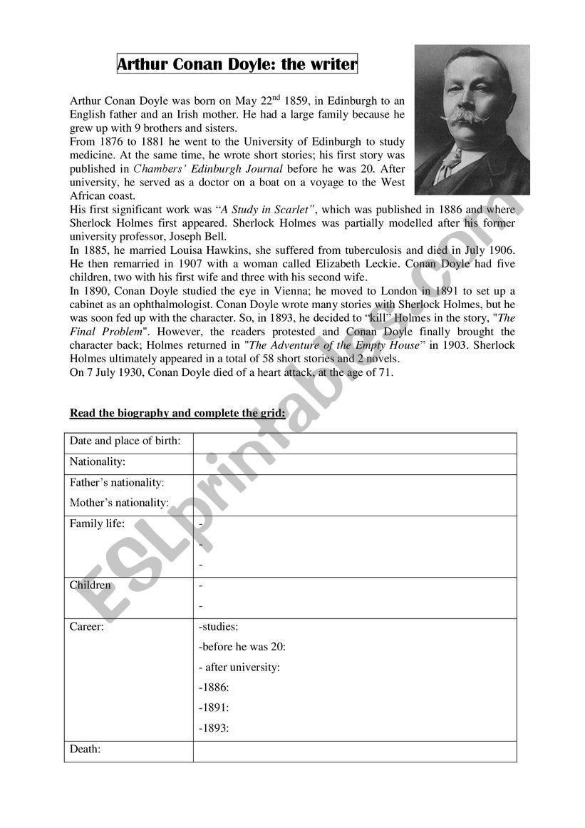 Conan Doyle´s biography - ESL worksheet by meurdeu