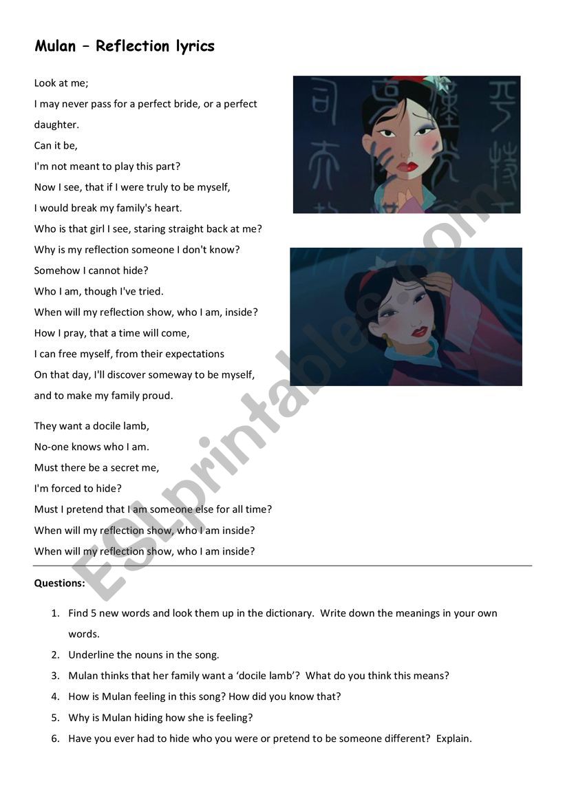 Mulan ´Reflection´ song worksheet - ESL worksheet by mishwieland