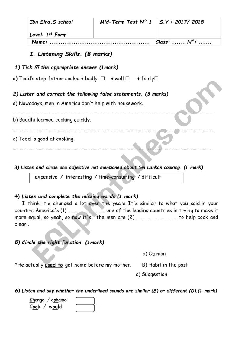 mid-term test n°1 for 1st form - ESL worksheet by anass2007