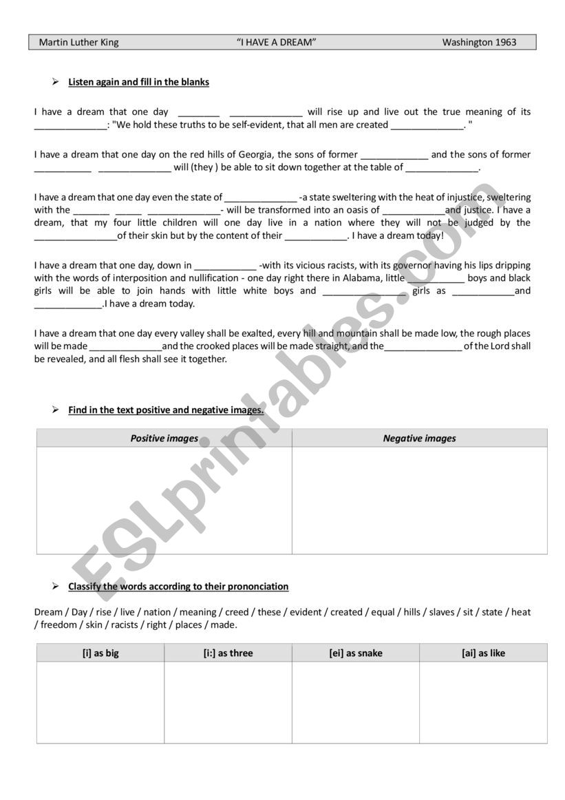Martin Luther King´s speech : I have a dream - ESL worksheet by ...