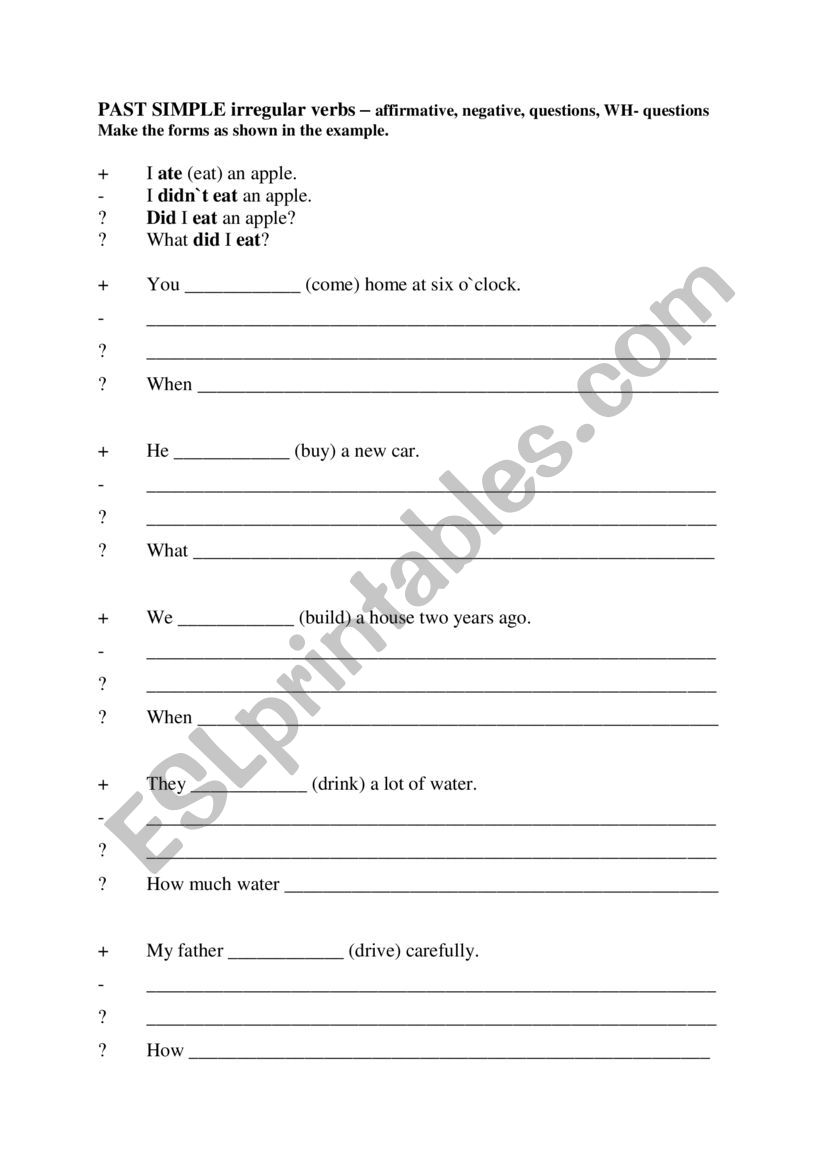 PAST SIMPLE irregular verbs – affirmative, negative, questions, WH ...