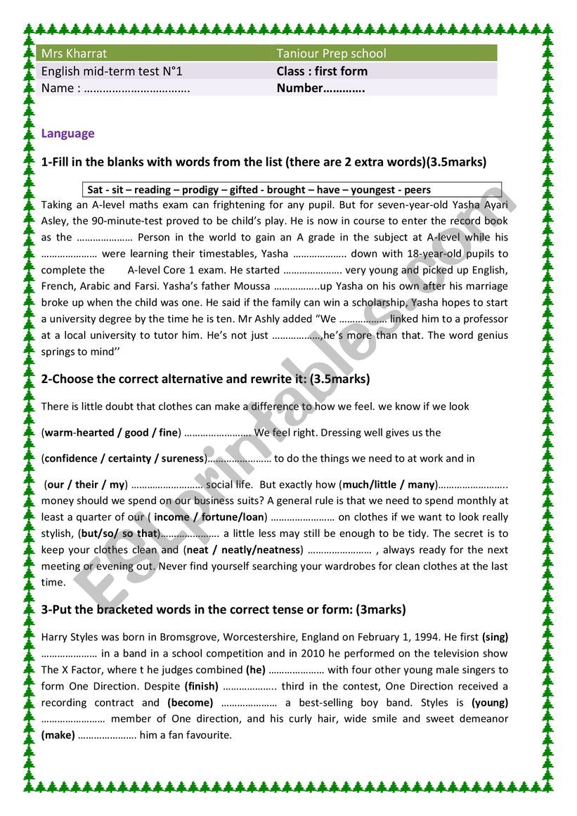 1ST FORM MID TERM TEST N°1 - ESL worksheet by soussi74