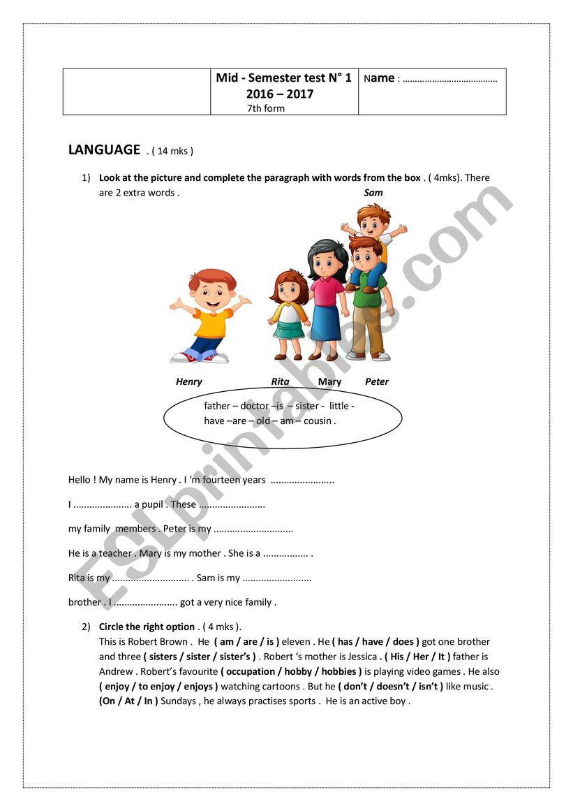 mid term test N°1 7th form ( tunisian pupils ) - ESL worksheet by yassour