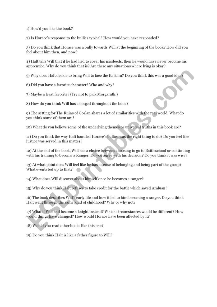 The Ruins of Gorlan - Ranger´s Apprentice Comprehesion Task - ESL ...