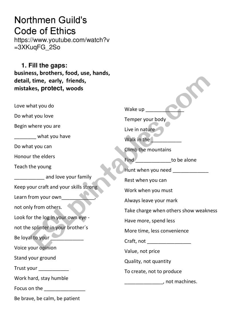 Northmen Guild´s Code of Ethics - ESL worksheet by Gabiadko