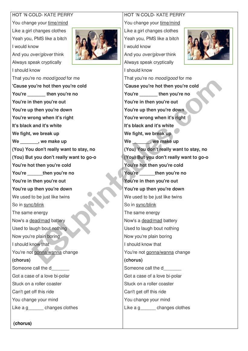 SONG Hot ´n Cold - ESL worksheet by Ensinus