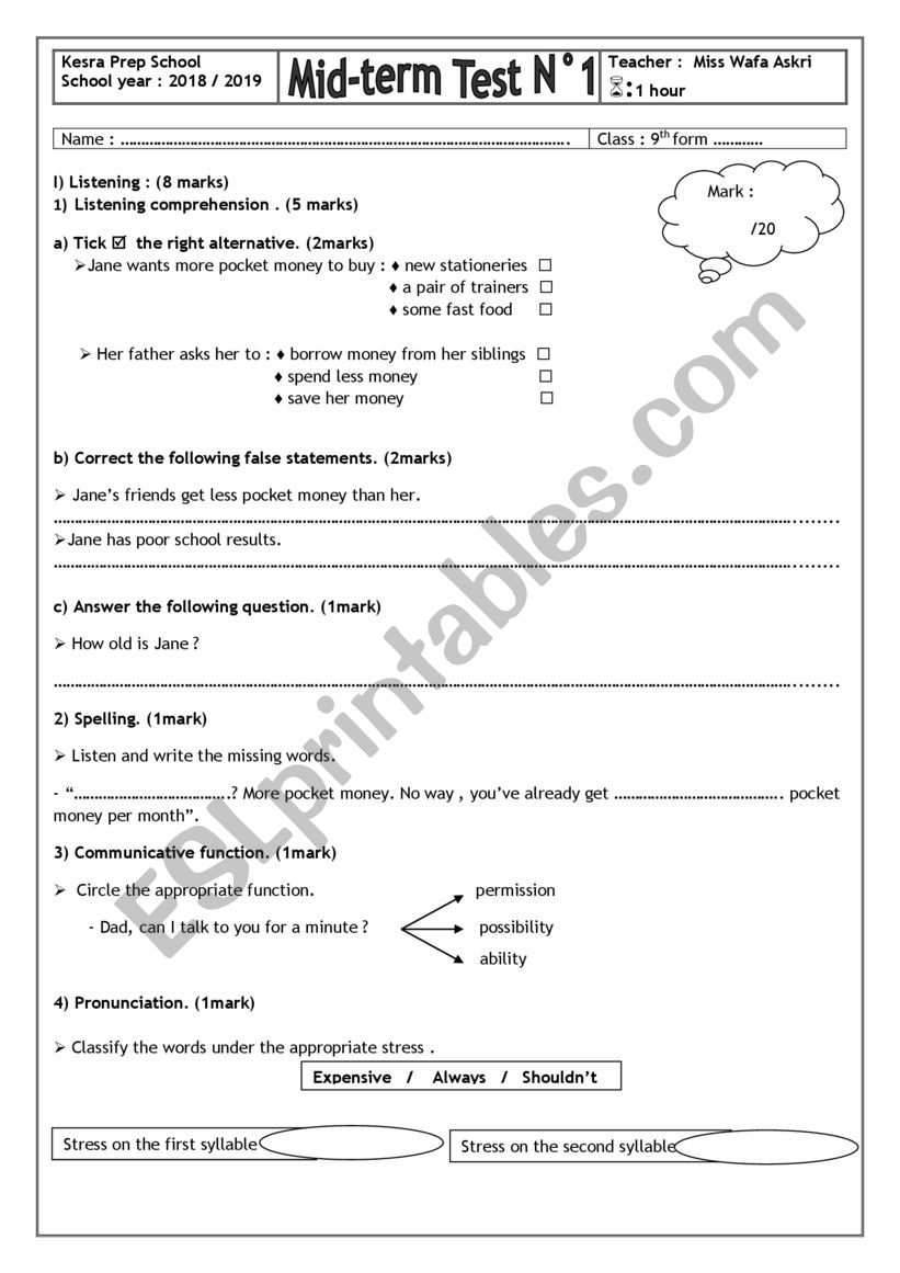 Miid- term test N°1 (9th form) - ESL worksheet by wafouta