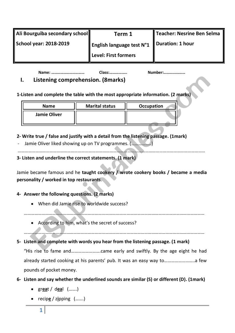 mid term test N°1 first form - ESL worksheet by zakaria1975
