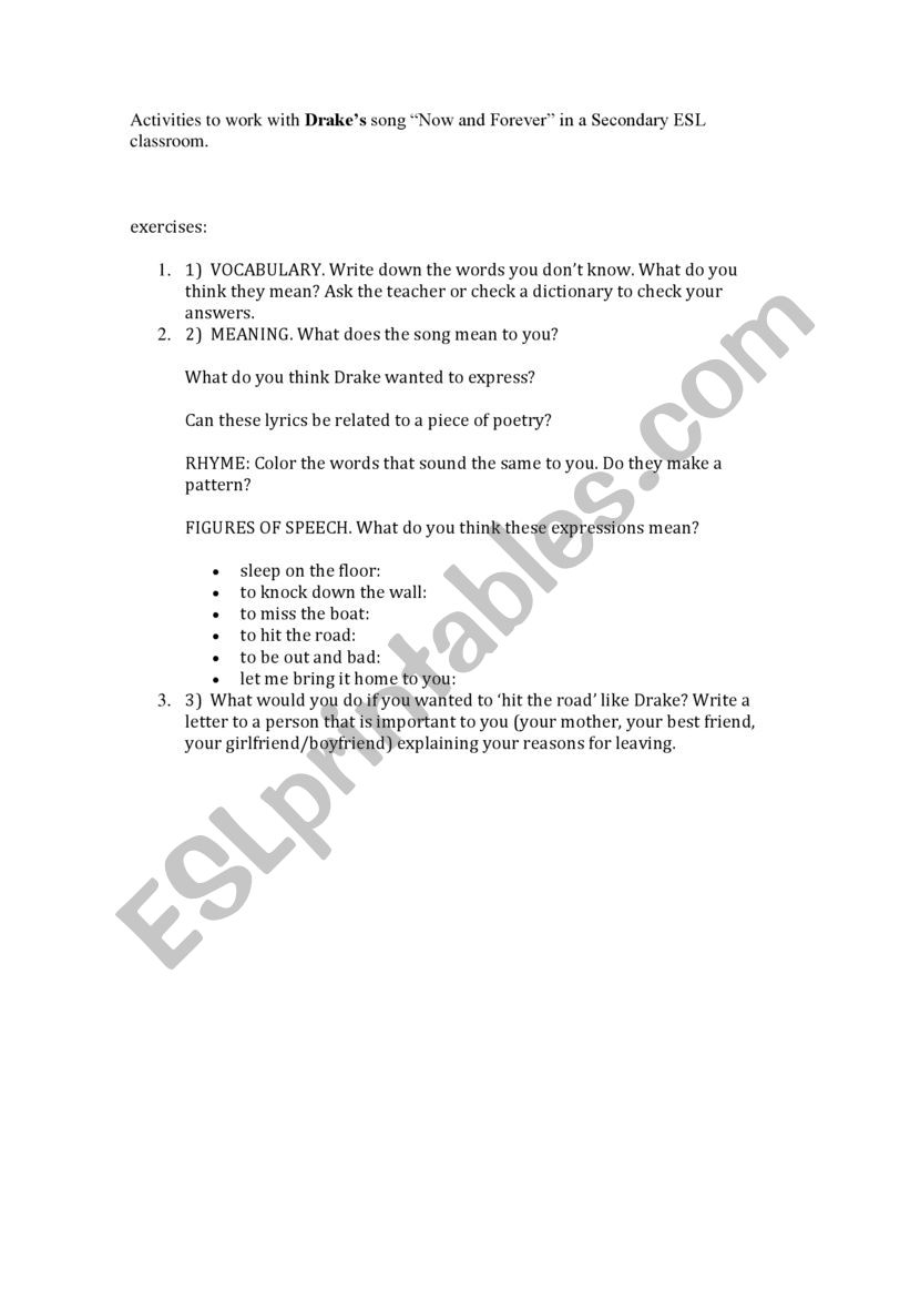 Activities to work with Drake´s song "Now and Forever" in a Secondary ...