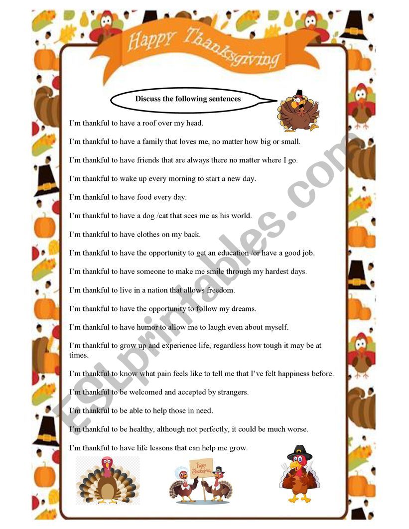 Thanksgiving What I´m thankful for part 1 - ESL worksheet by Cariboo