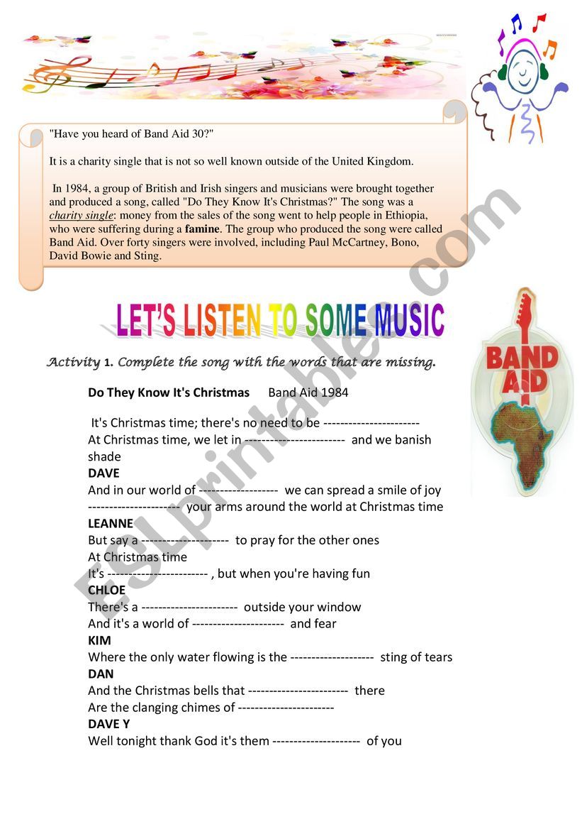 Do they know it´s Christmas - Band Aid 1984 - ESL worksheet by ekoum