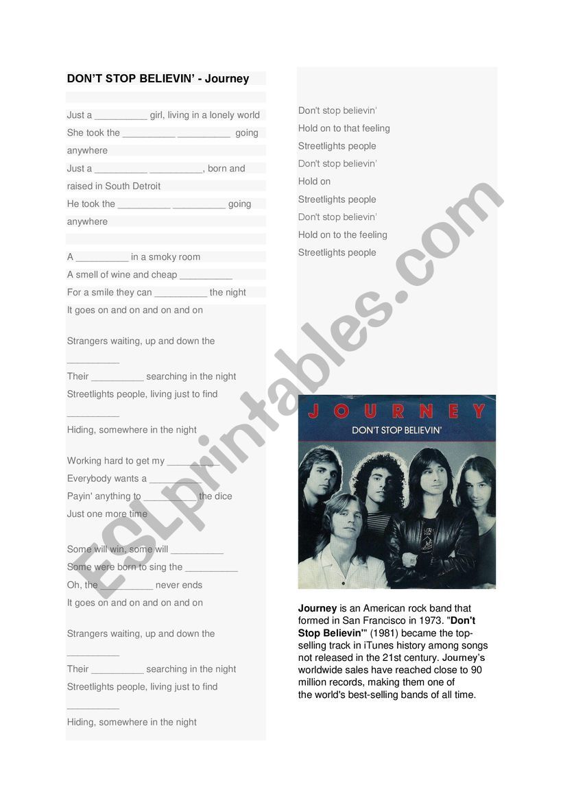 Journey - Don´t stop believin´ - ESL worksheet by geminirs