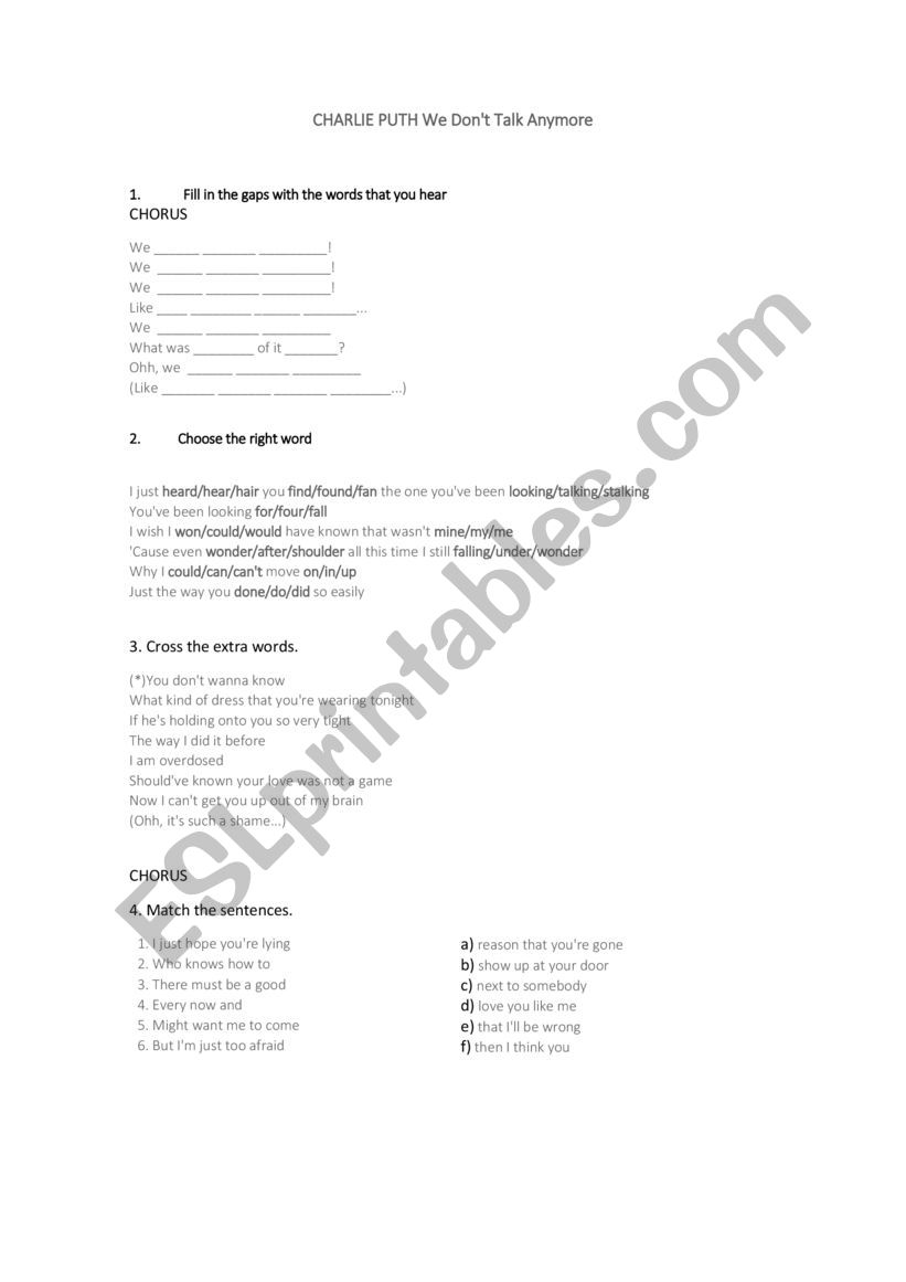 We don´t talk any more - ESL worksheet by fisgon