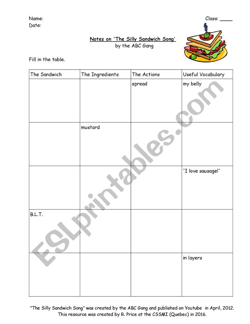 Silly Sandwich Song´´ listening comprehension resource - ESL worksheet ...