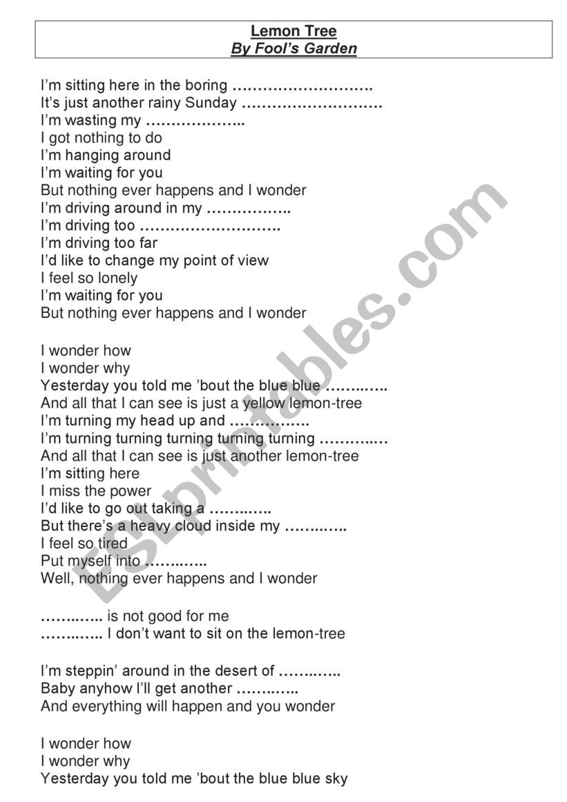 Lemon Tree - song and activities - ESL worksheet by bliss007