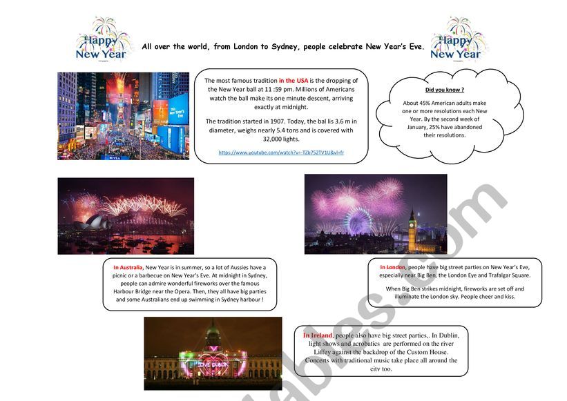 New Year´s Eve all around the world - ESL worksheet by luluetcyril