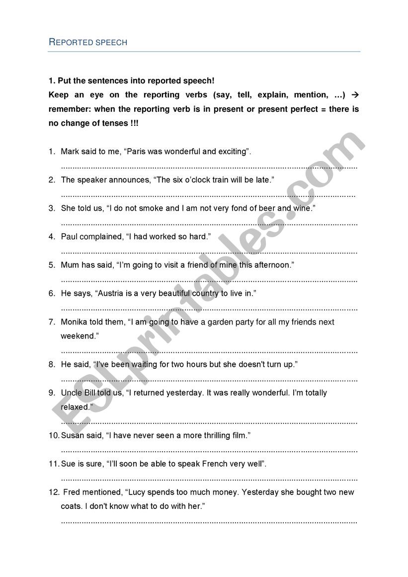 reported speech - exercises - ESL worksheet by princess_mila