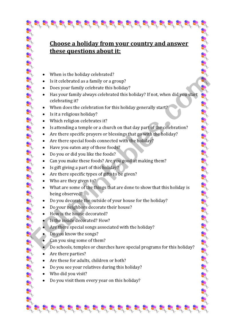 Holiday Questions About A Specific Holiday From Student´s Country - ESL ...