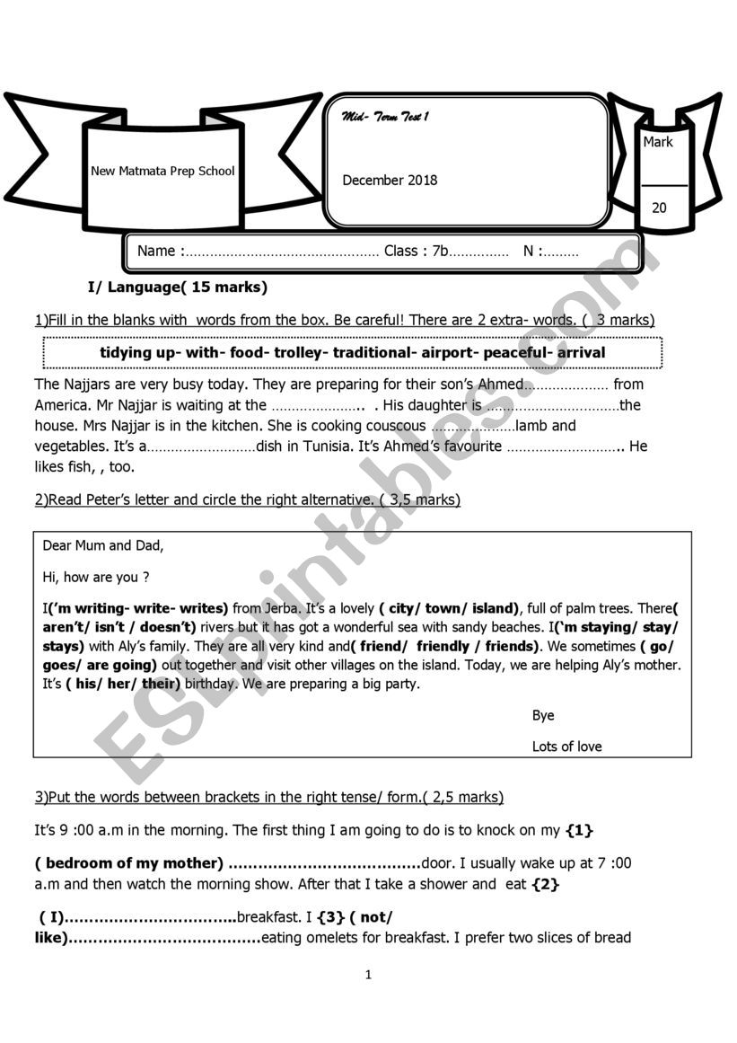 7th form end- term test n°1 - ESL worksheet by gsouma 7th form end- term test n°1 - ESL worksheet by gsouma