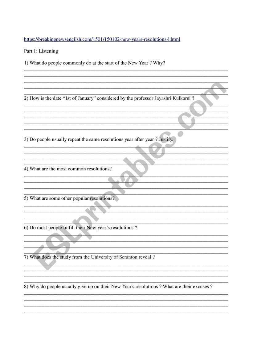 New Year´s Resolutions Listening - ESL worksheet by nanaclaire