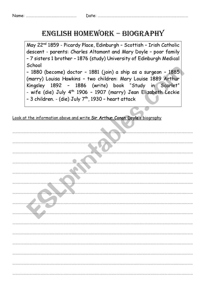 Sir Conan Doyle´s biography test - ESL worksheet by MBieler