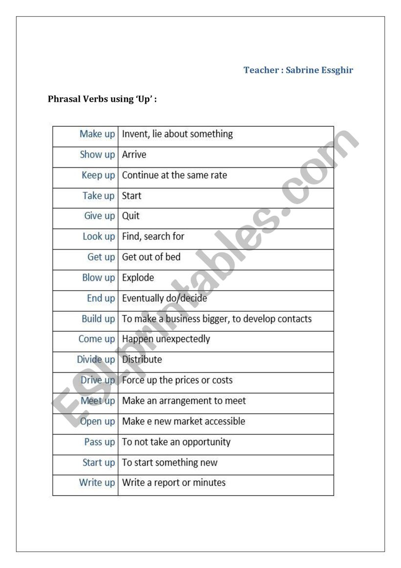 Phrasal Verbs using ´up´ - ESL worksheet by Sabrine94