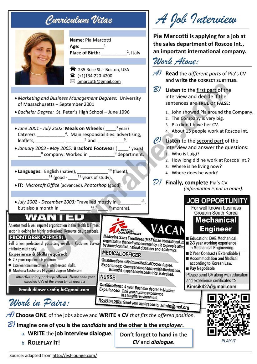 Pia´s Job Interview - ESL worksheet by Allyana