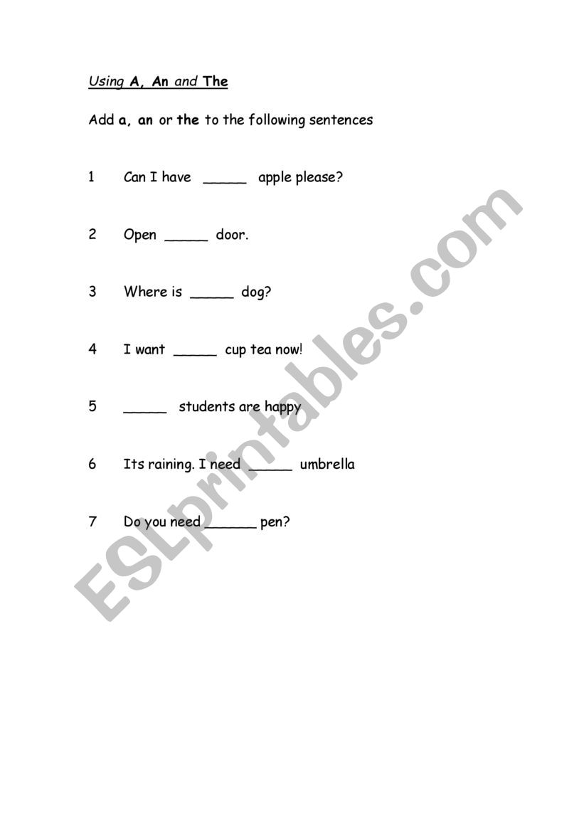 Using ´A, An or The´ -sentence gap fill activity - ESL worksheet by Jennyherdson