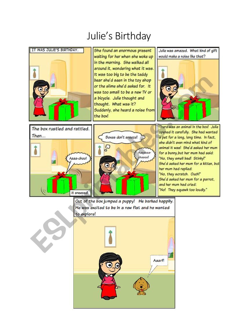 Julie´s Birthday (New Puppy) Story Comic Strip Writing Exercise - ESL ...