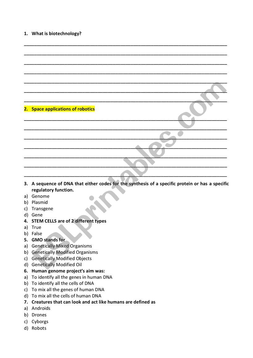 TEST 5TH YEAR BIOTECHNOLOGY - ESL worksheet by mimiayuara75