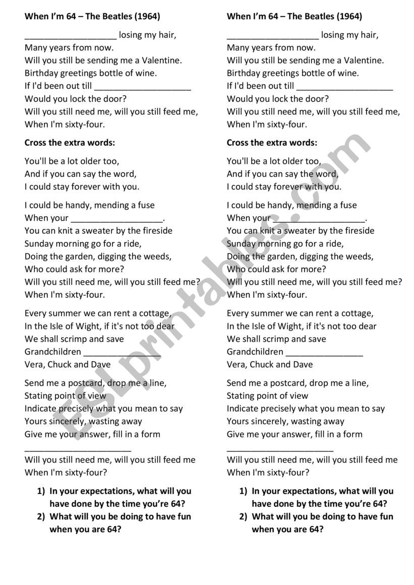 When I´m 64 - The Beatles - ESL worksheet by psantana