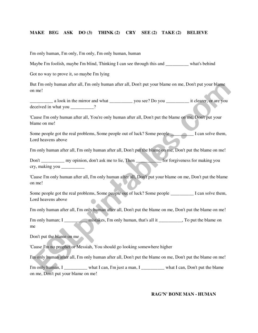 RAG´N´ BONE MAN - HUMAN - Listening test - ESL worksheet by anotaki