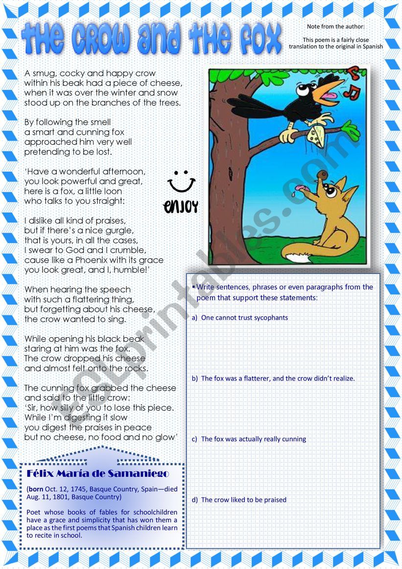 "THE CROW AND THE FOX" SAMANIEGO´S POEM TO AN AESOP´S FABLE - ESL ...