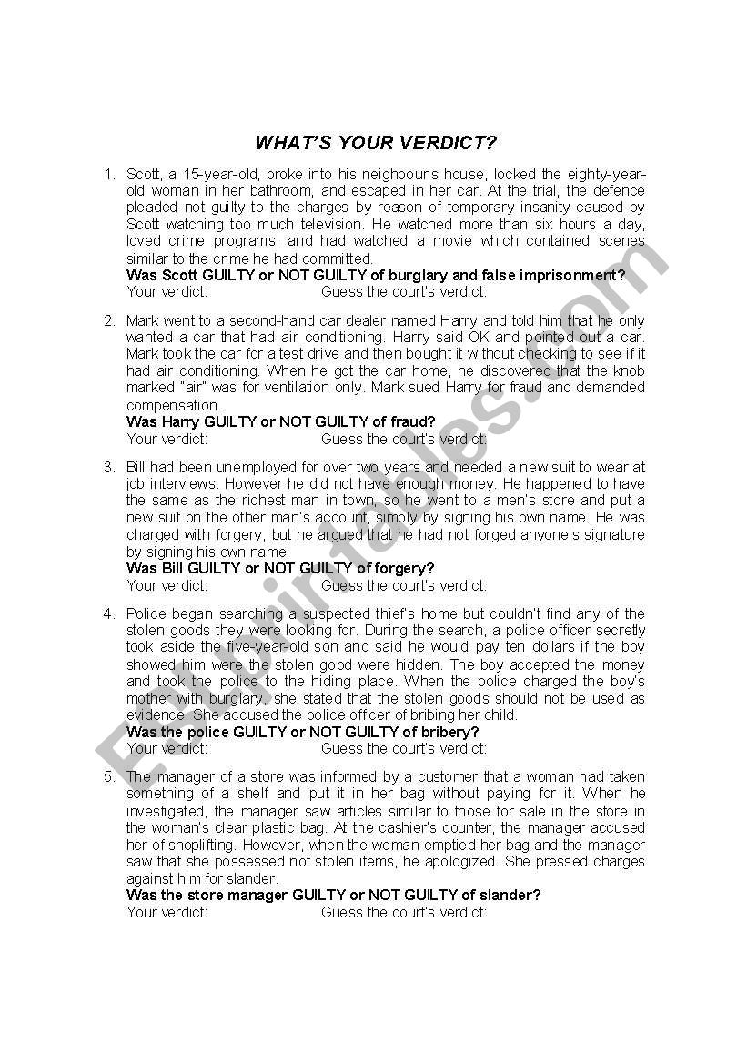 What´s your veredict? - ESL worksheet by haydeegoldy