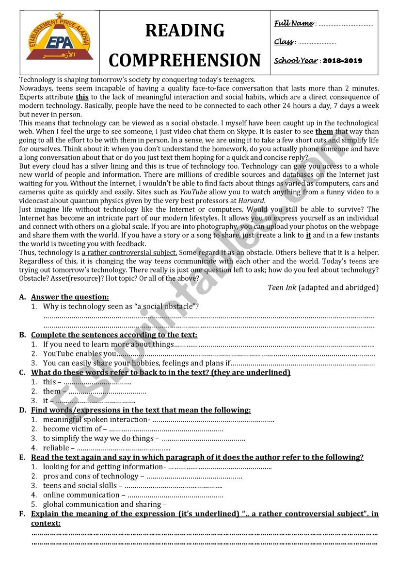 The impact of technology on today´s youth - ESL worksheet by mohammed1972