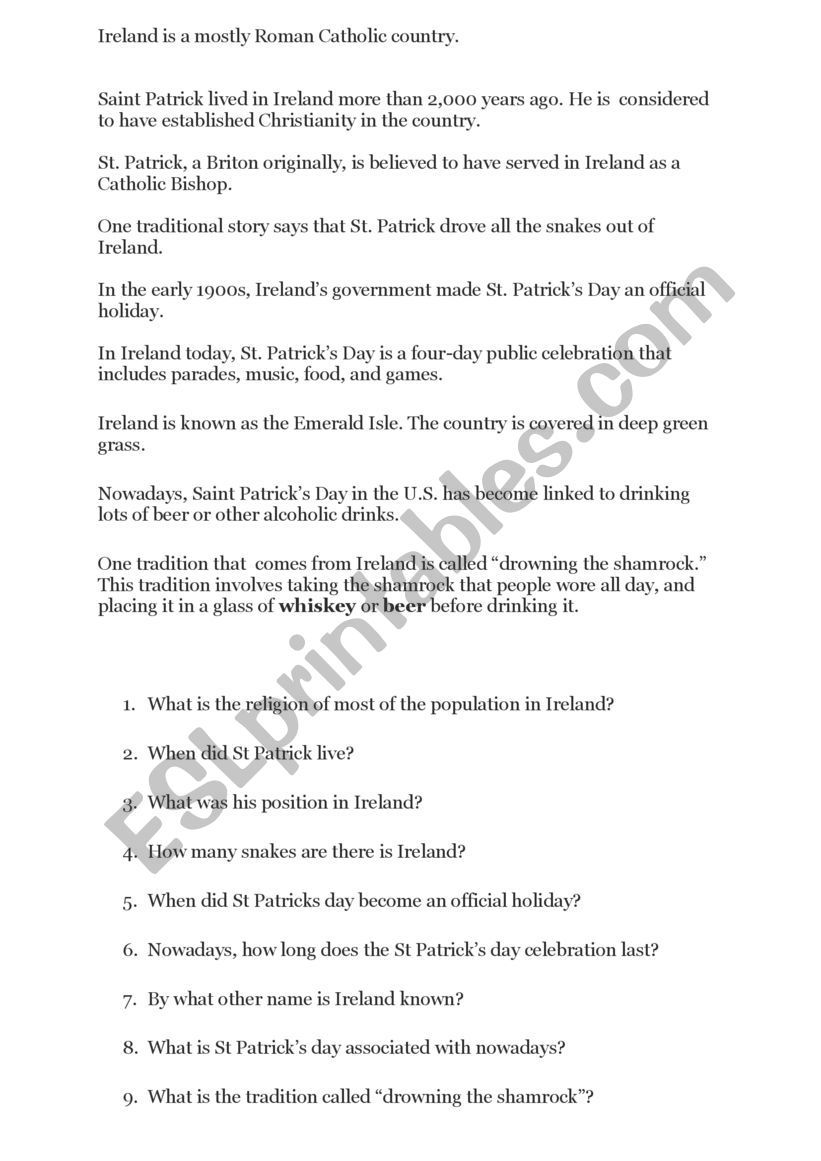 St Patrick´s Day Facts and Questions - ESL worksheet by subou5