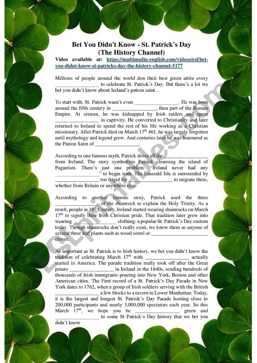 Video on St Patrick´s Day (Listening) - ESL worksheet by ursula kirsten