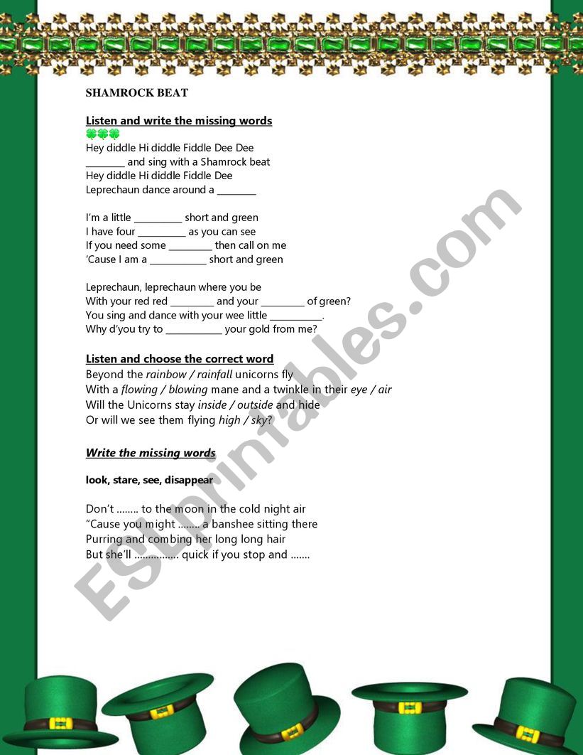 St. Patrick´s Day Shamrock Beat song - ESL worksheet by valioshka