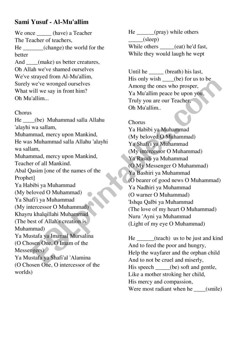 Sami Yusuf - Al-Mu´allim - ESL worksheet by erdamn